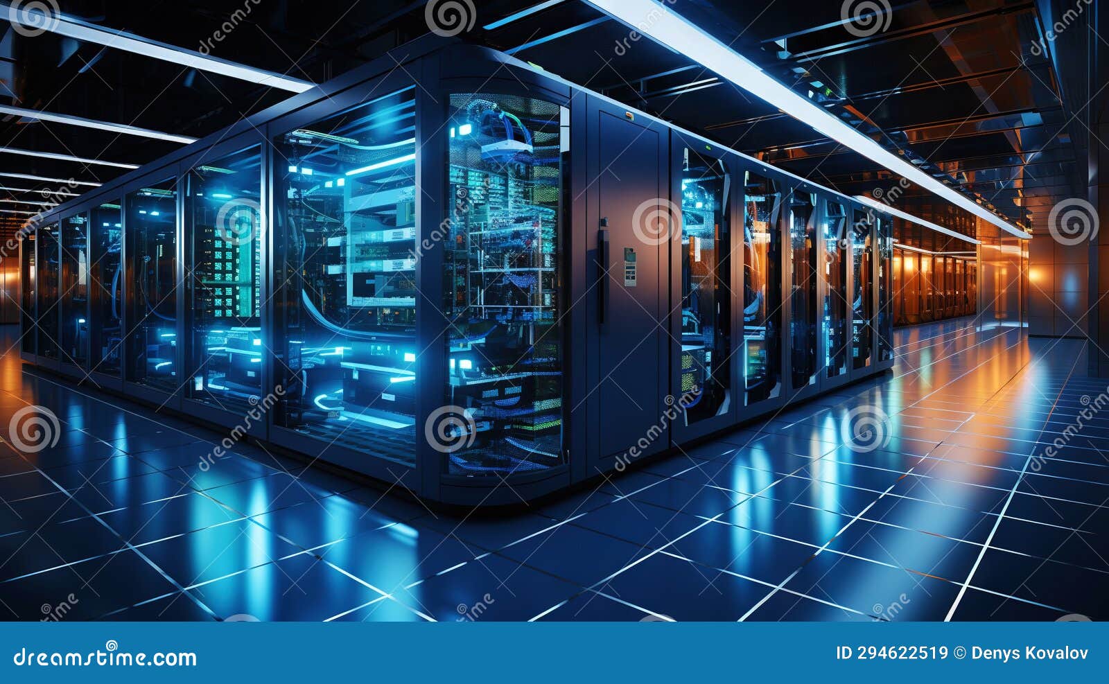 A Modern High-tech Data Center with Several Rows of Working Servers in ...