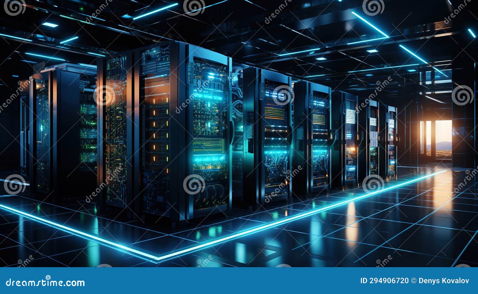 A Modern High-tech Data Center with Several Rows of Working Servers in ...