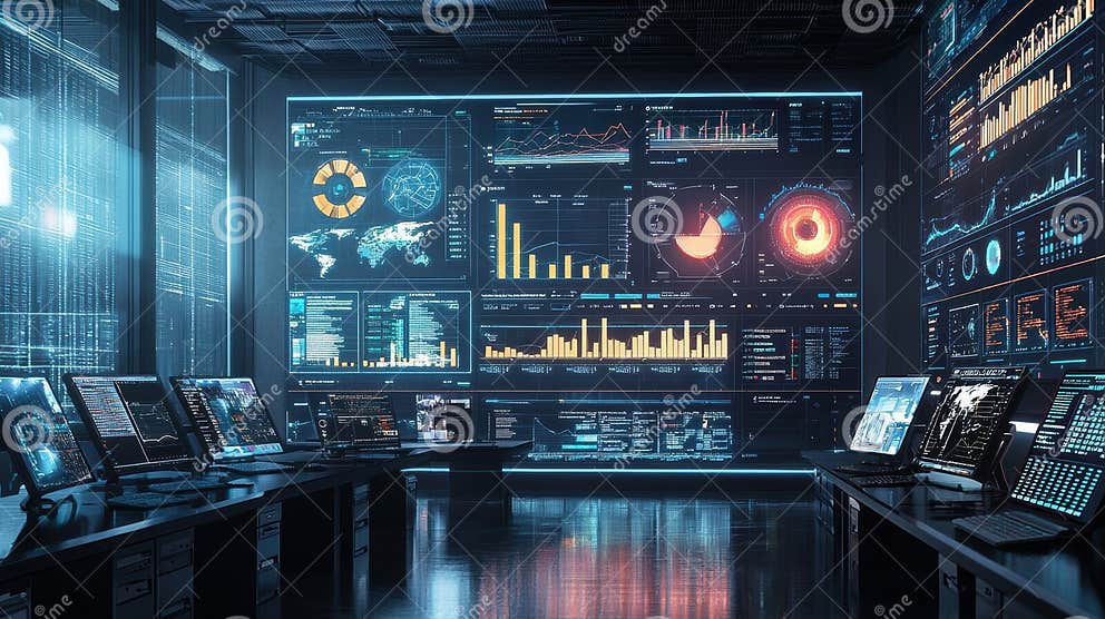 Modern High-Tech Digital Workspace with Dashboards Stock Illustration ...