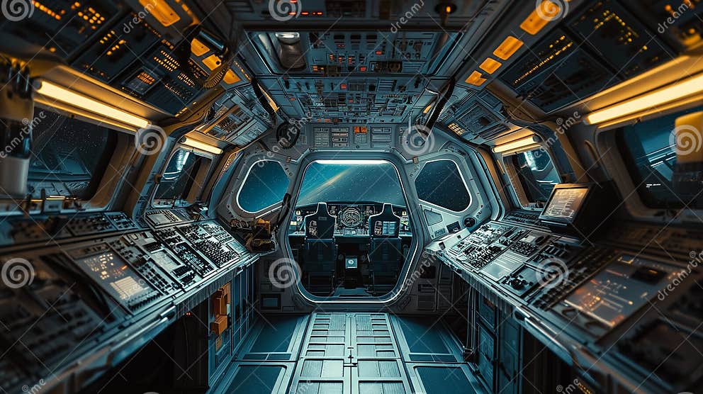 A Modern, High-tech Interior of a Spaceship Featuring Multiple Computer ...