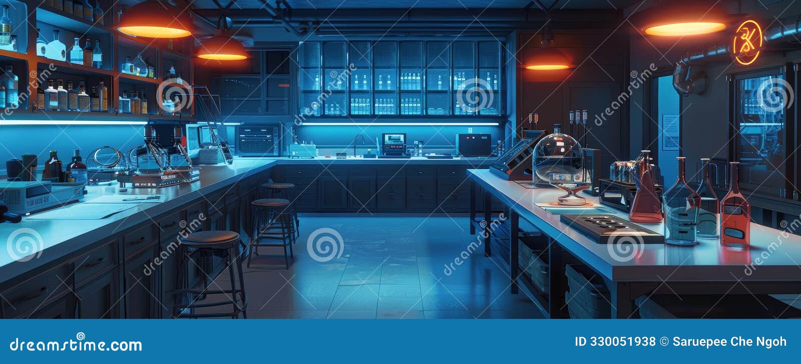 Modern HighTech Laboratory With Advanced Scientific Equipment And Blue ...