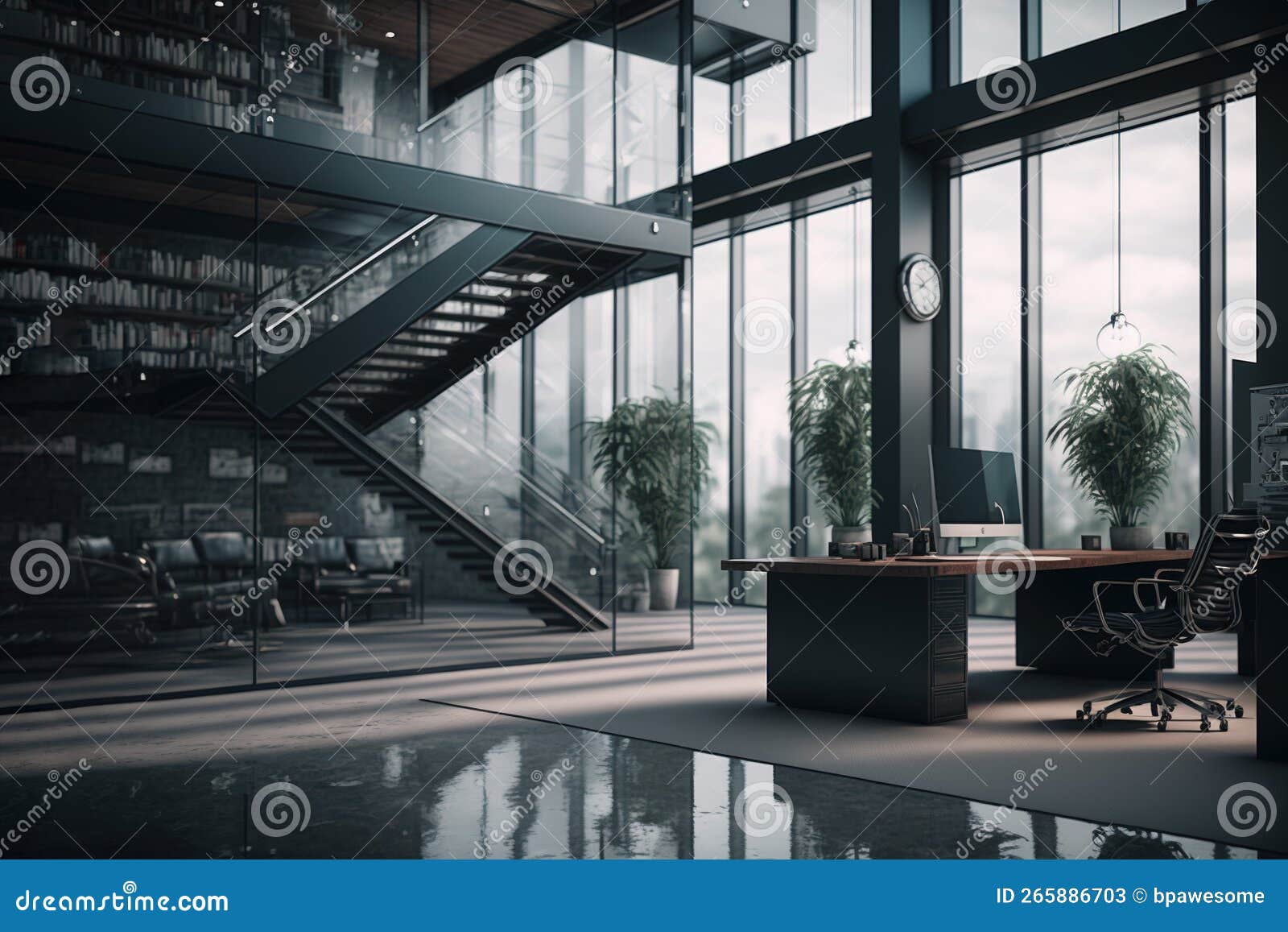 A Modern High Tech Office with Large Glass Windows, Generative AI Stock ...