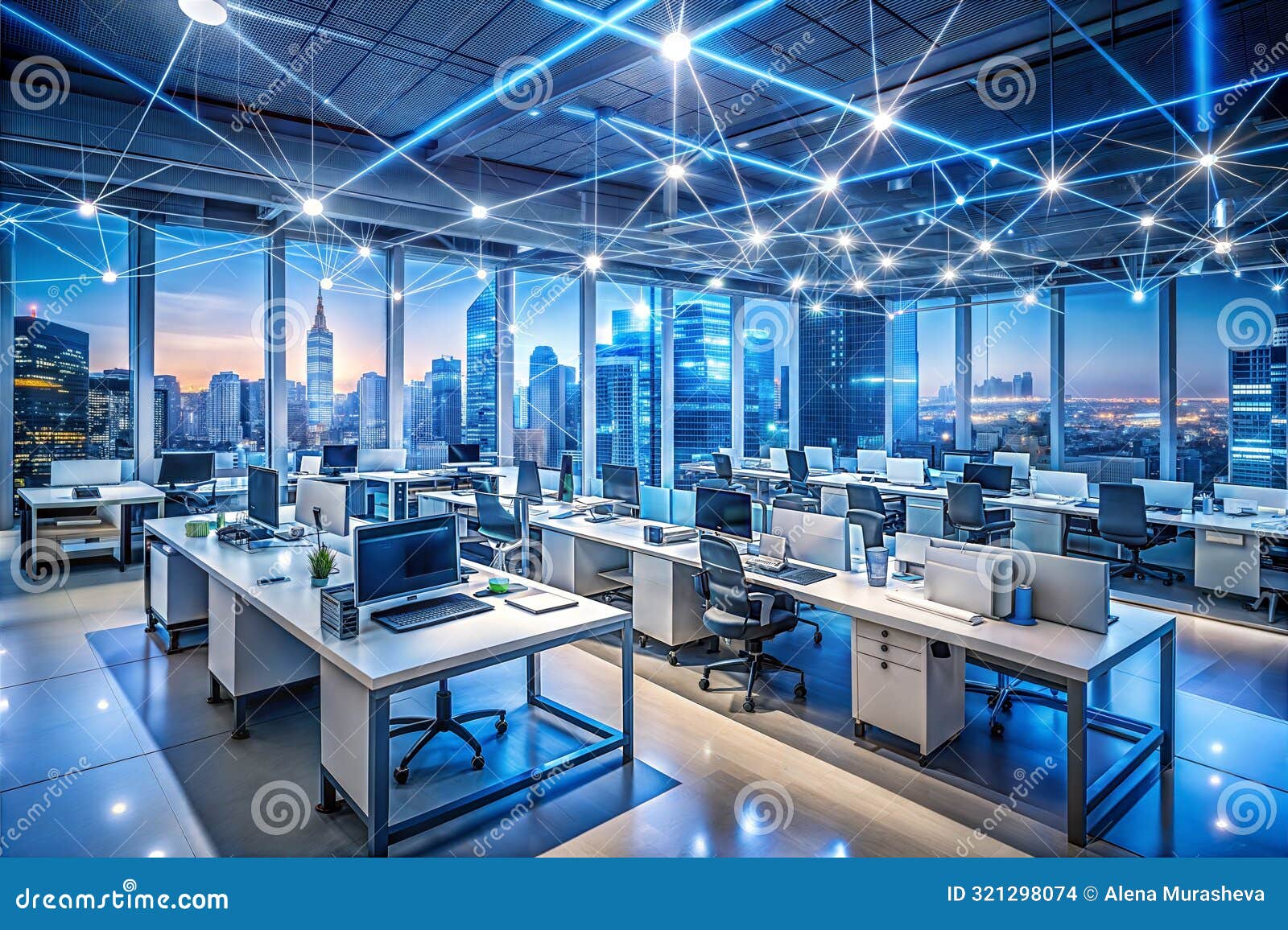 Modern High-tech Office Workspaces. Night Megapolis City View Stock ...