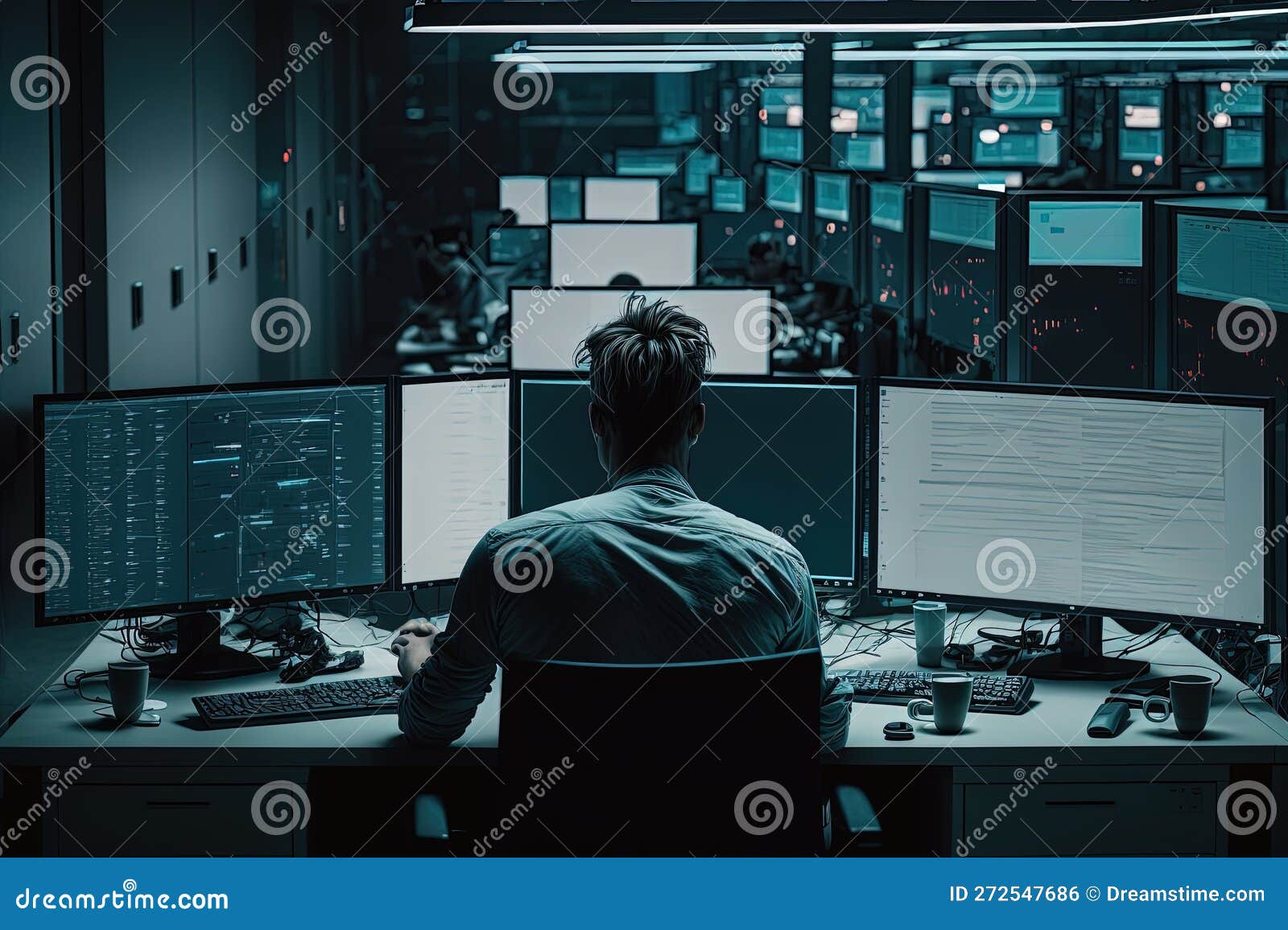 A Modern High-tech Office, Young Man Working at Computer, with Many ...