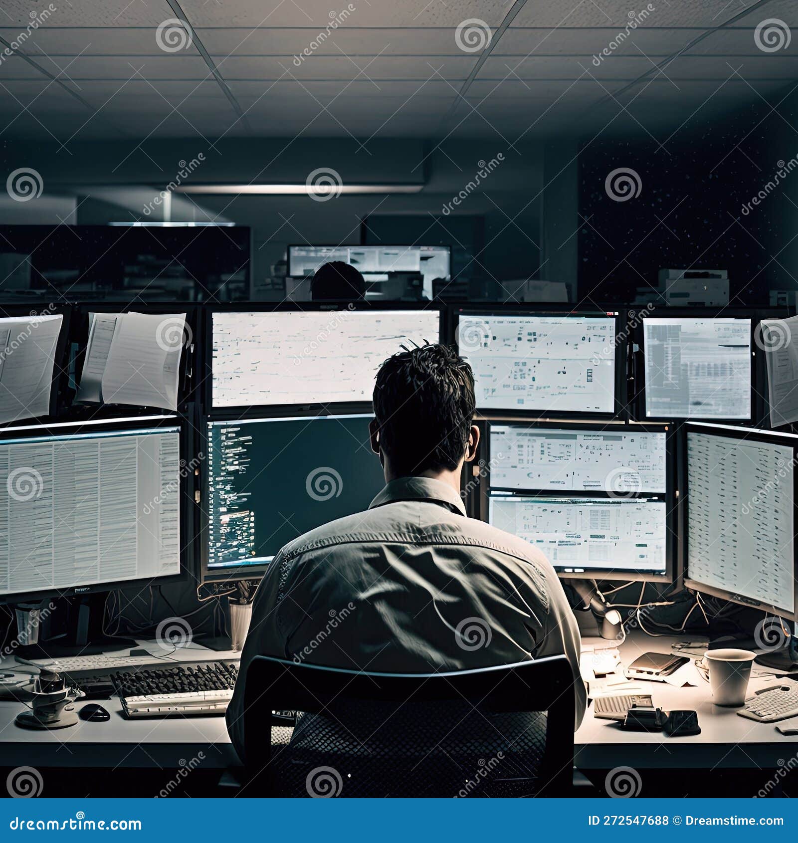 A Modern High-tech Office, Young Man Working at Computer, with Many ...