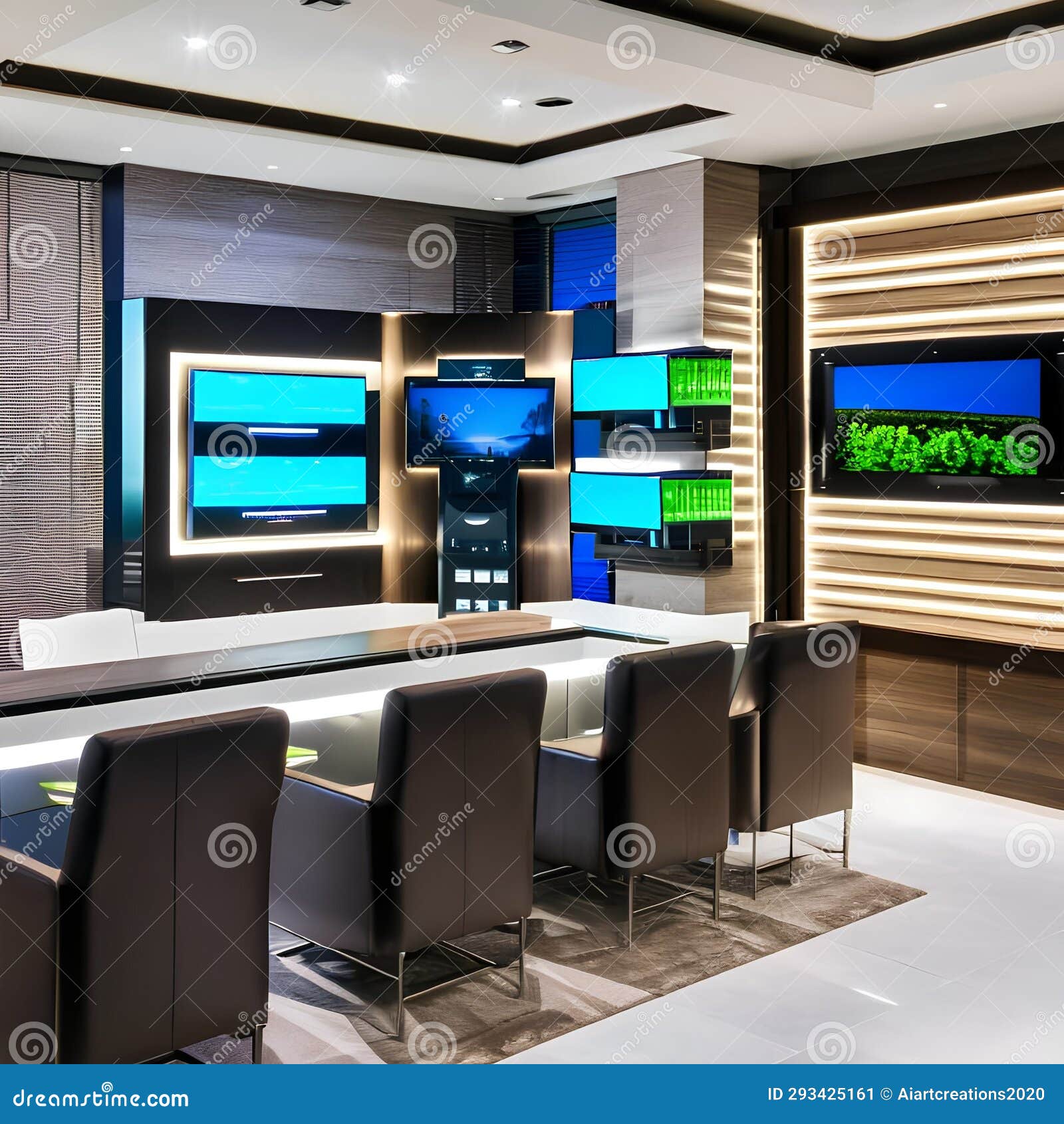 A Modern, High-tech Smart Home Control Room with Touchscreen Panels and ...