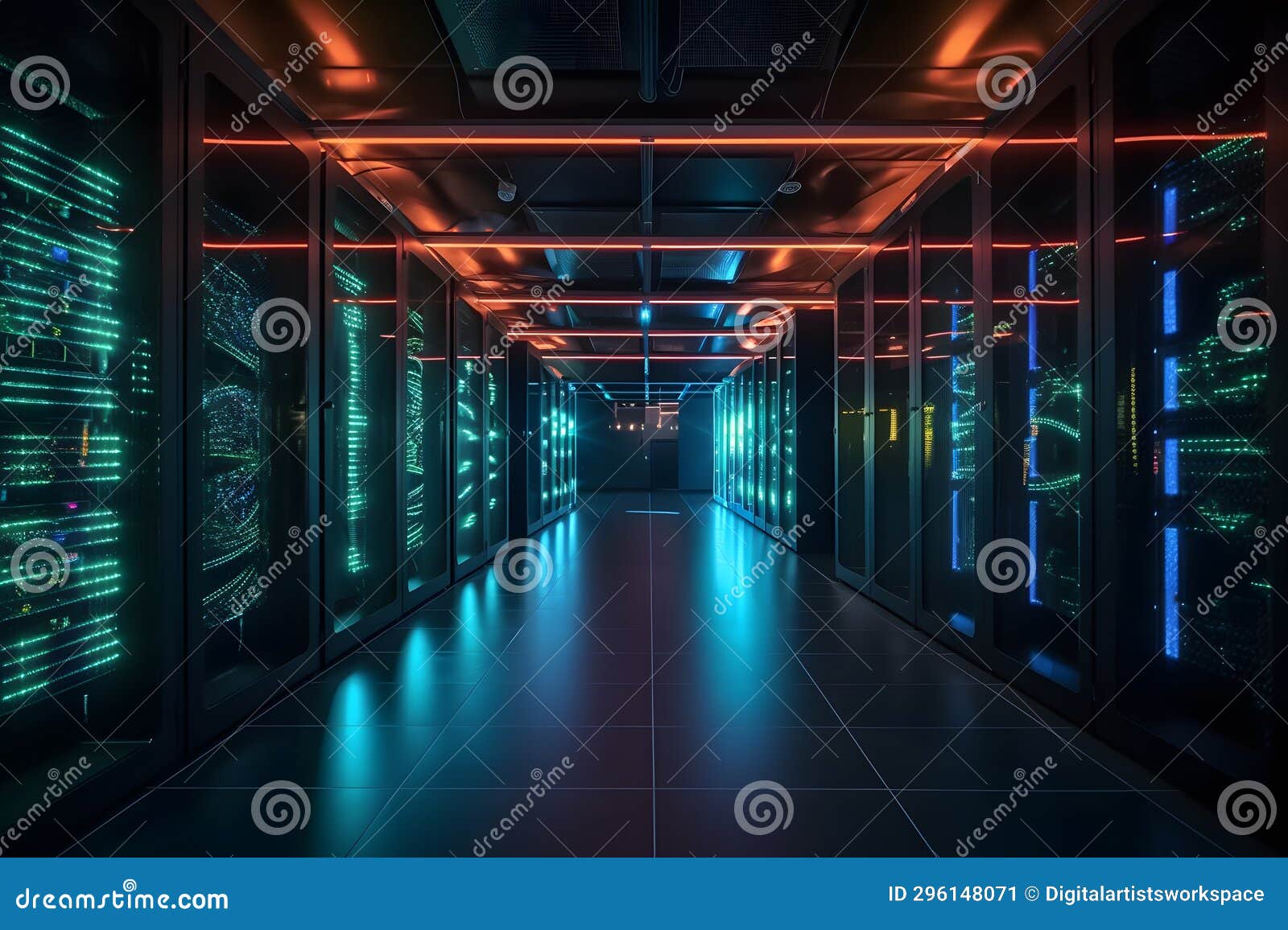 Modern High-Tech Telecommunications Operational Data Center in Neon ...