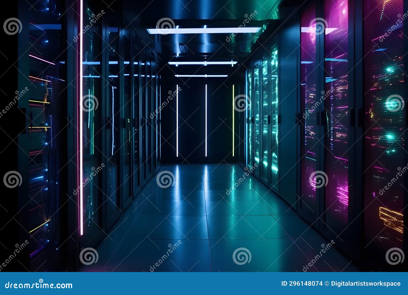 Modern High-Tech Telecommunications Operational Data Center in Neon ...