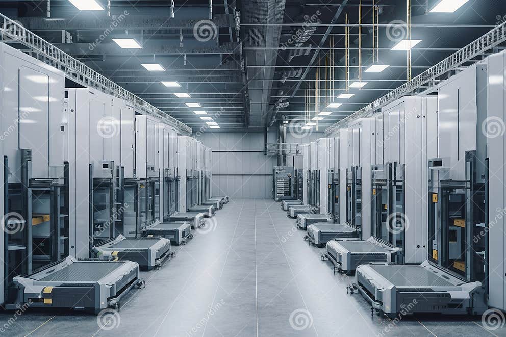 Modern and High-tech Warehouse, with Advanced Inventory Tracking System and Sophisticated Robots ...