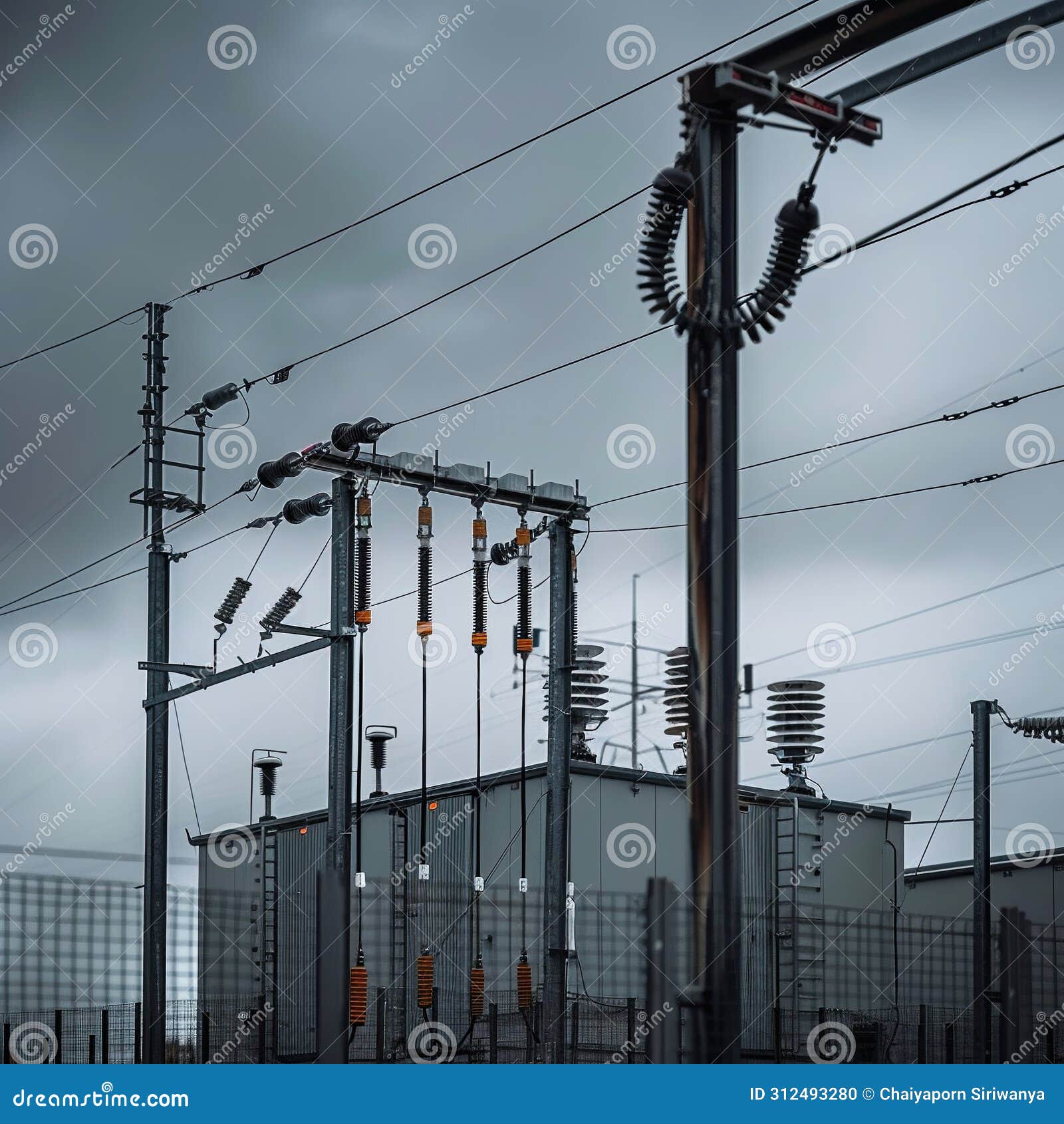 Modern High Voltage Substation, Complex Cable Array, Overcast Sky ...