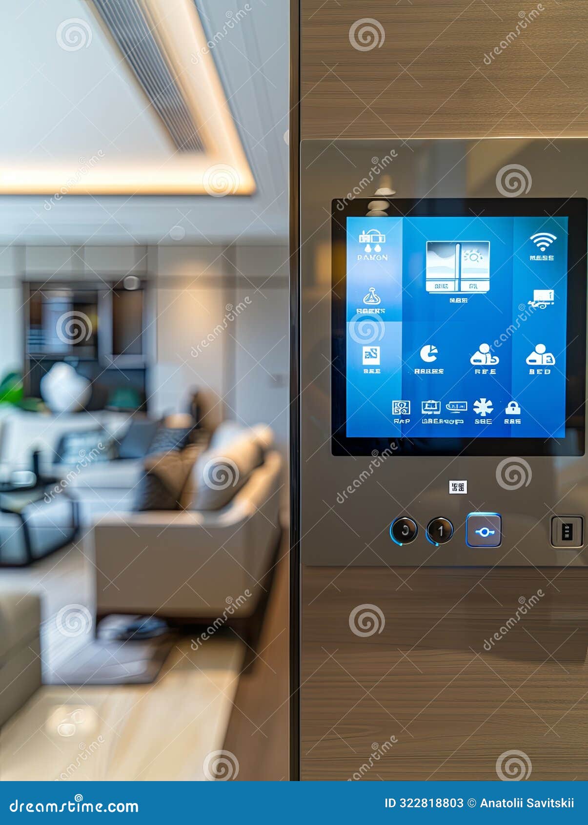 A Modern Home Automation Panel with Touchscreen is Mounted on a Living ...