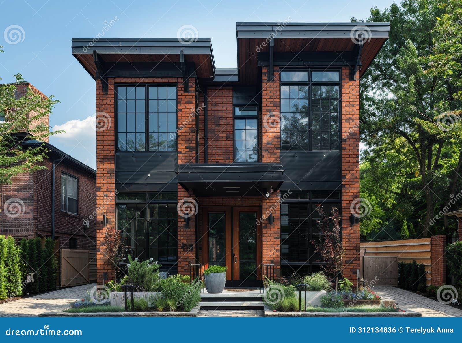 Modern Home with Brick Exterior and Black Windows. Stock Photo - Image ...