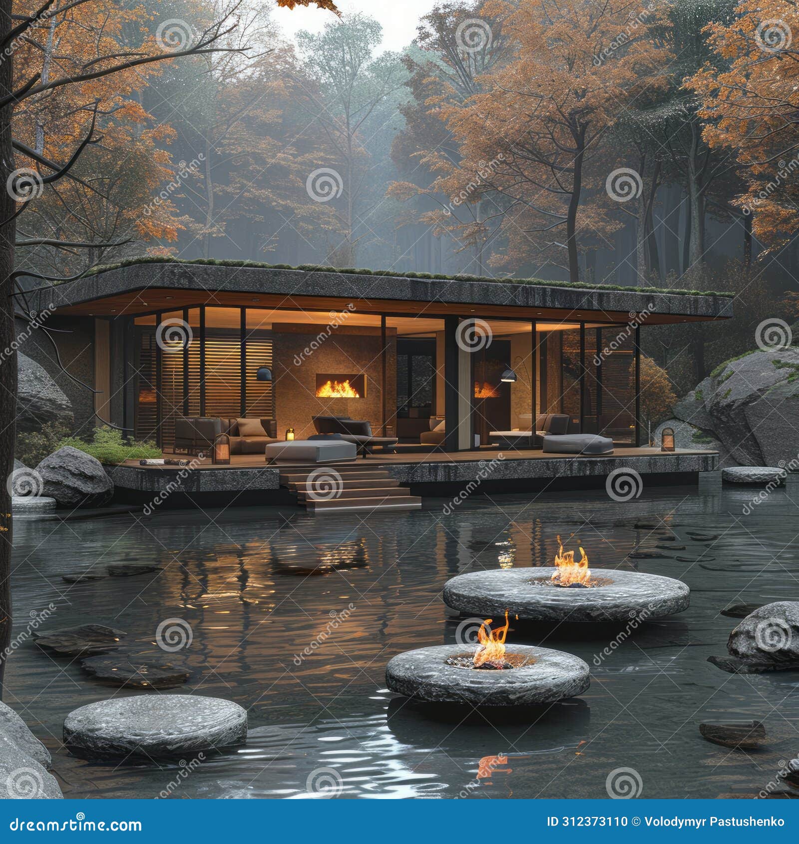 Modern Home Built Over Water Stock Photo - Image of surround, stone ...