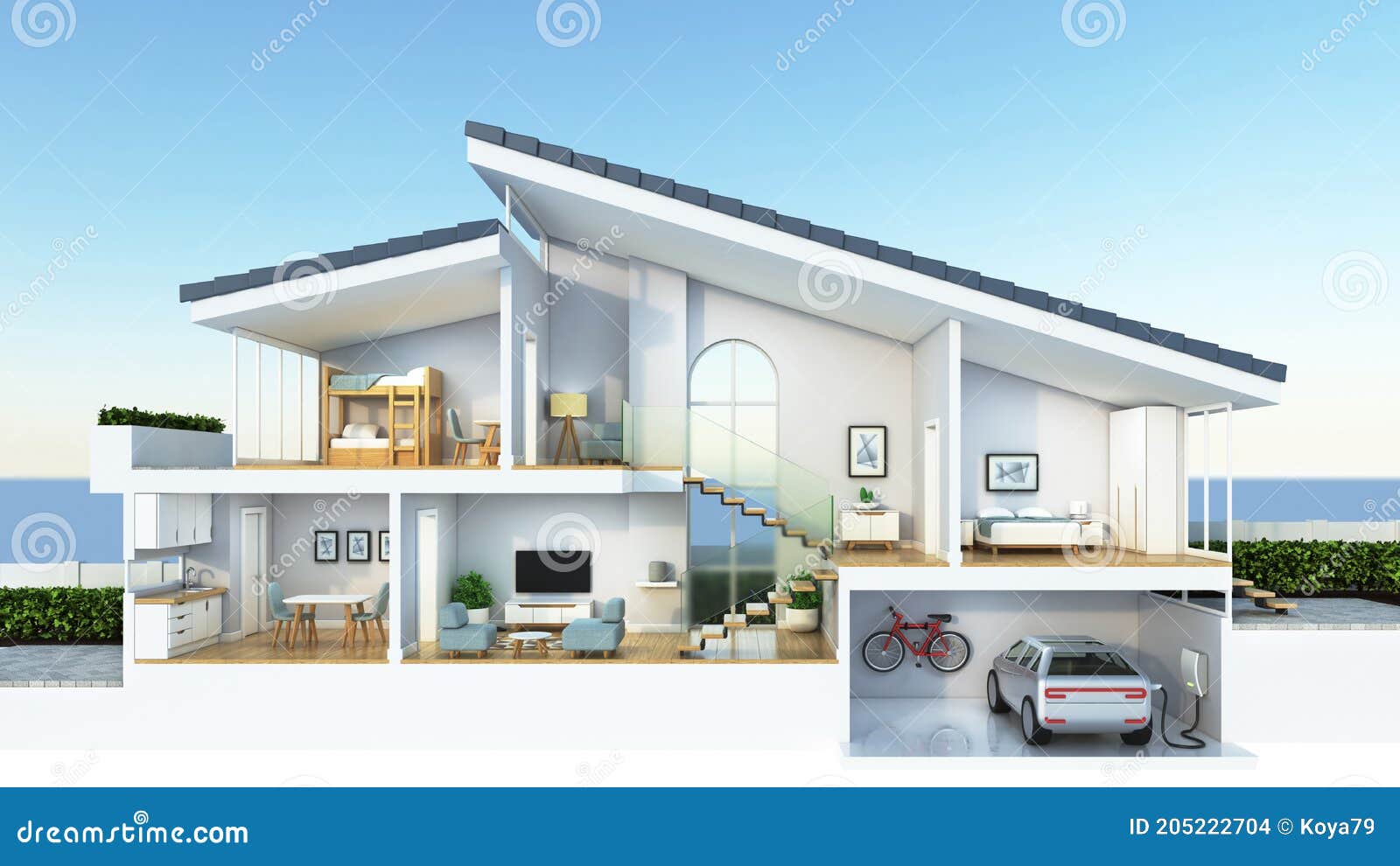 Modern Home Cross Section, 3d Rendering Stock Illustration ...
