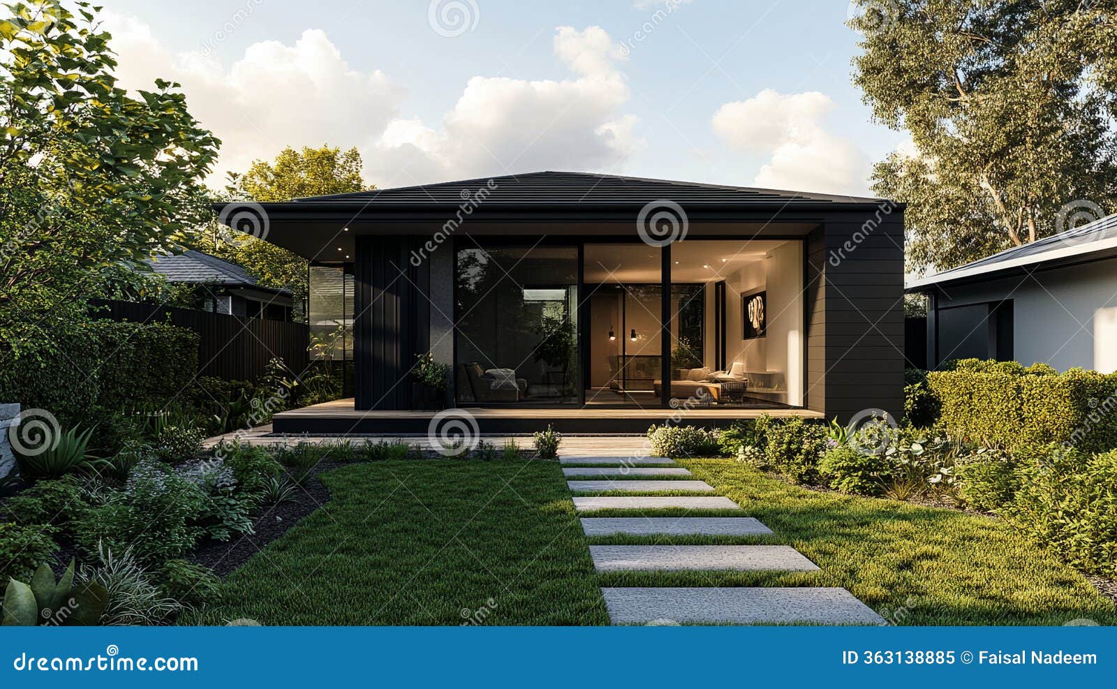 Modern Home Extension with Cladding and Landscaping, Featuring a Black ...