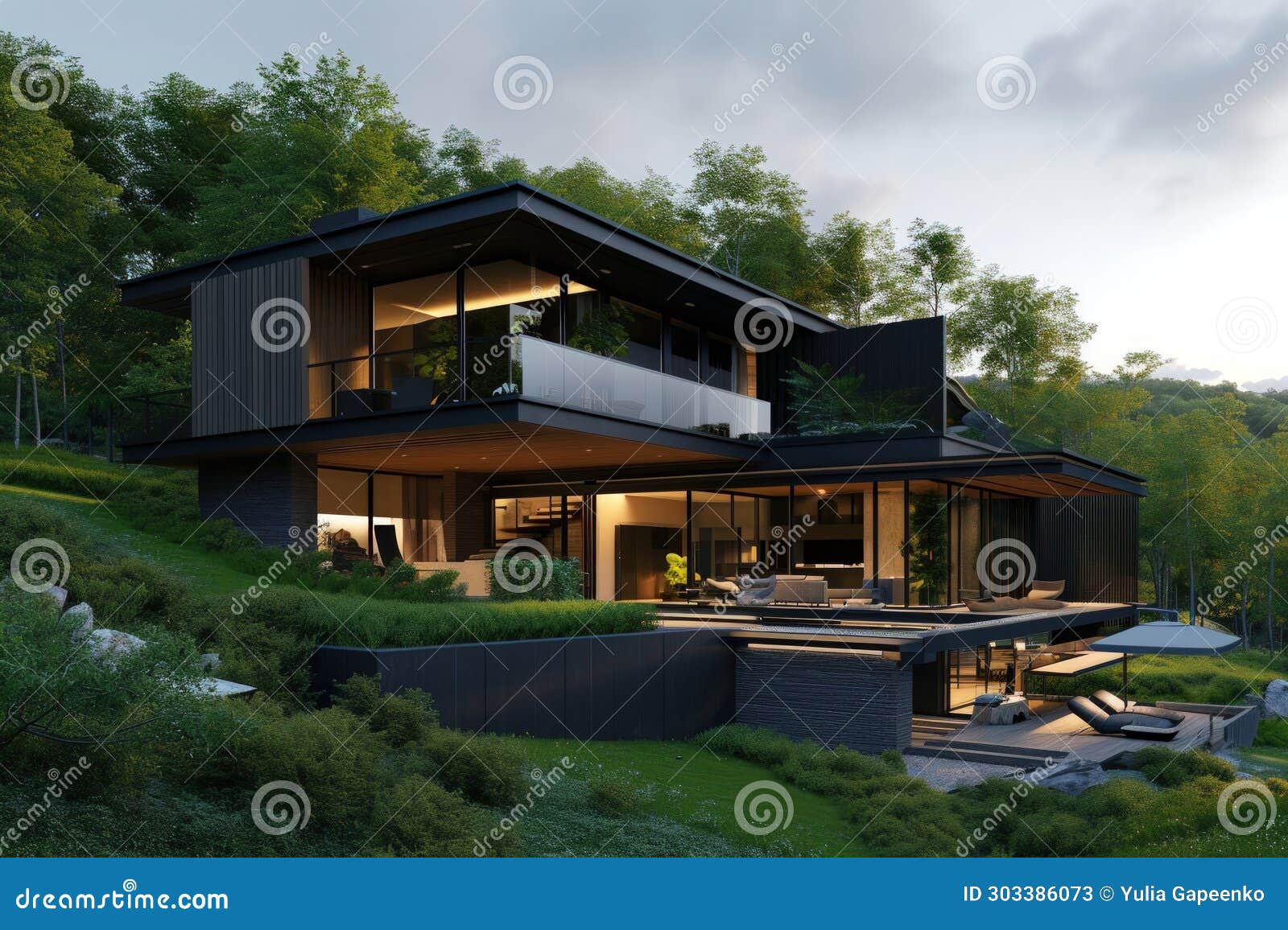 Modern home on a hillside stock image. Image of lifestyle - 303386073