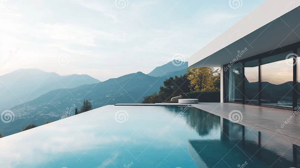 Modern Home with Infinity Pool Overlooking a Mountain Range Stock ...