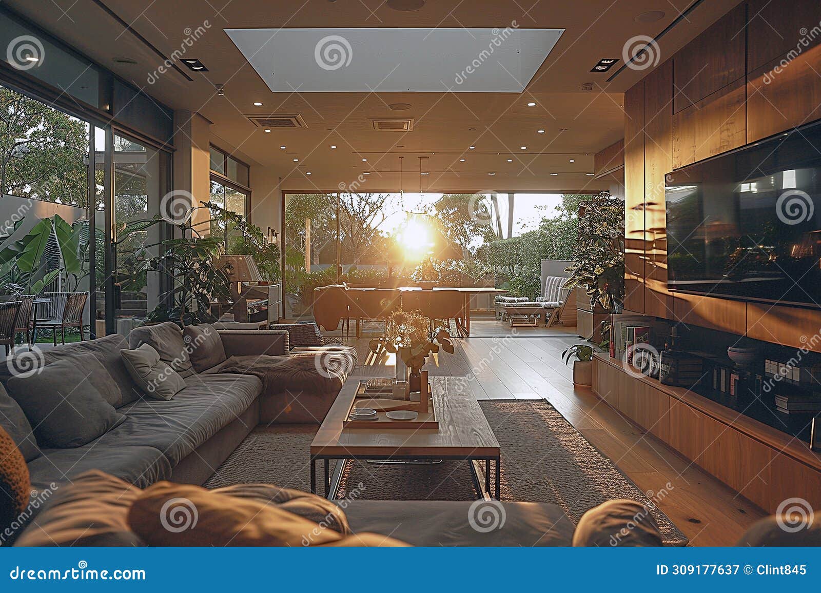 Modern Home Interior Bathed in Sunset Light Stock Illustration ...