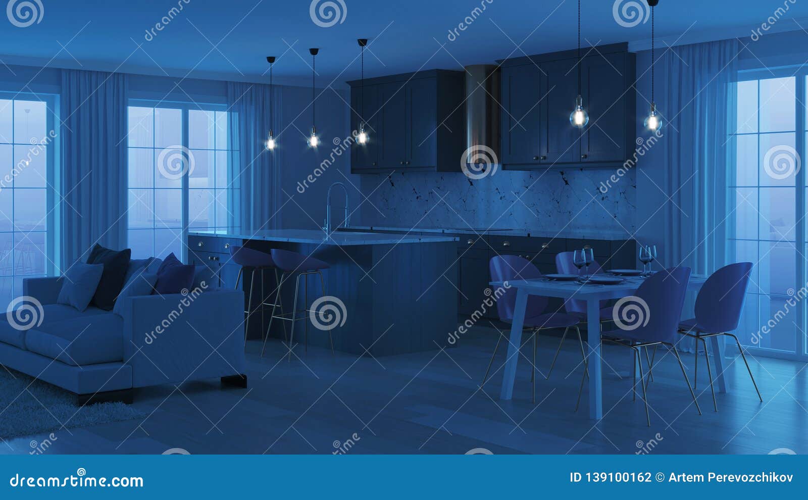 Modern Home Interior with Gray Kitchen. Night. Evening Lighting Stock ...