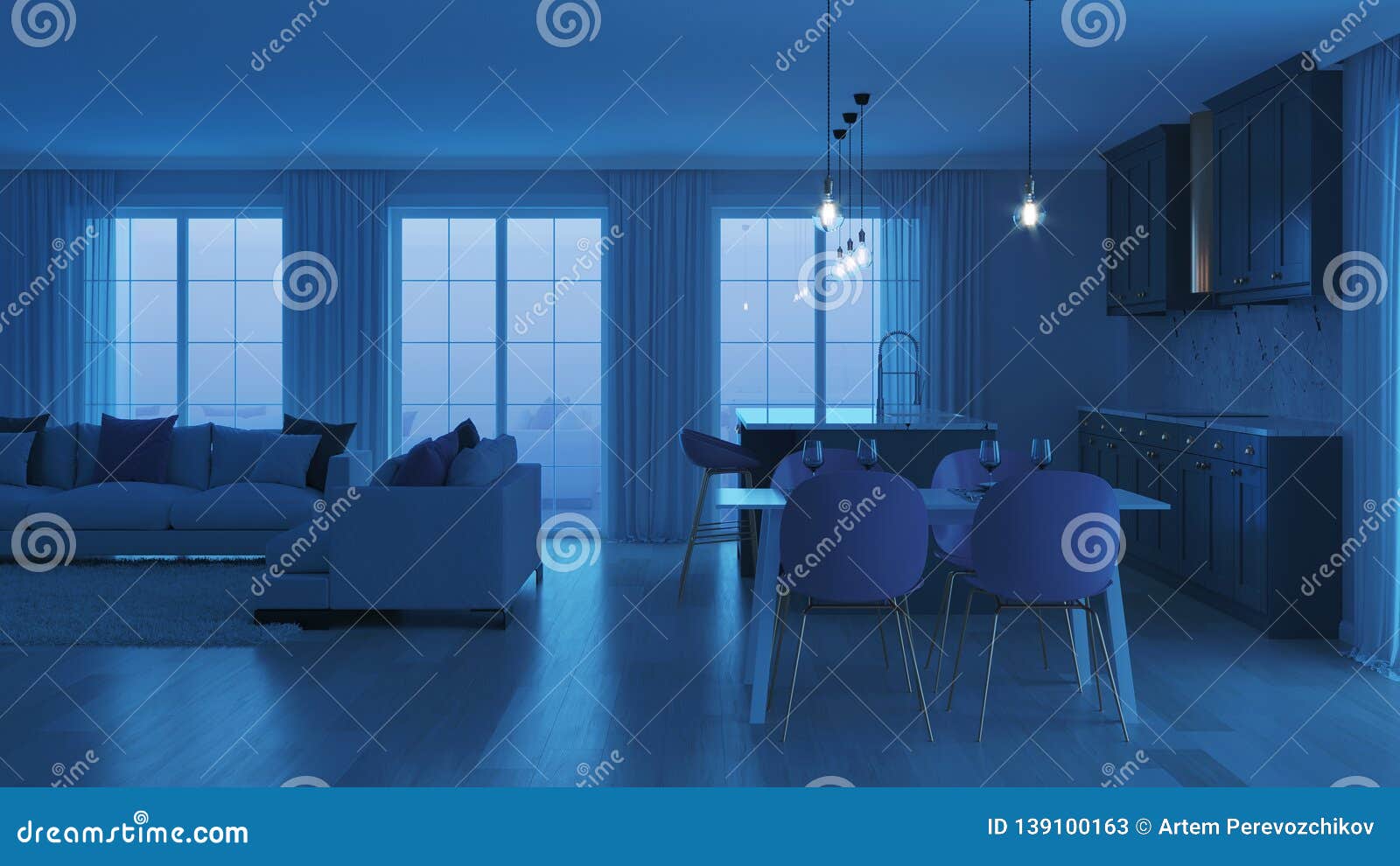 Modern Home Interior with Gray Kitchen. Night. Evening Lighting Stock ...
