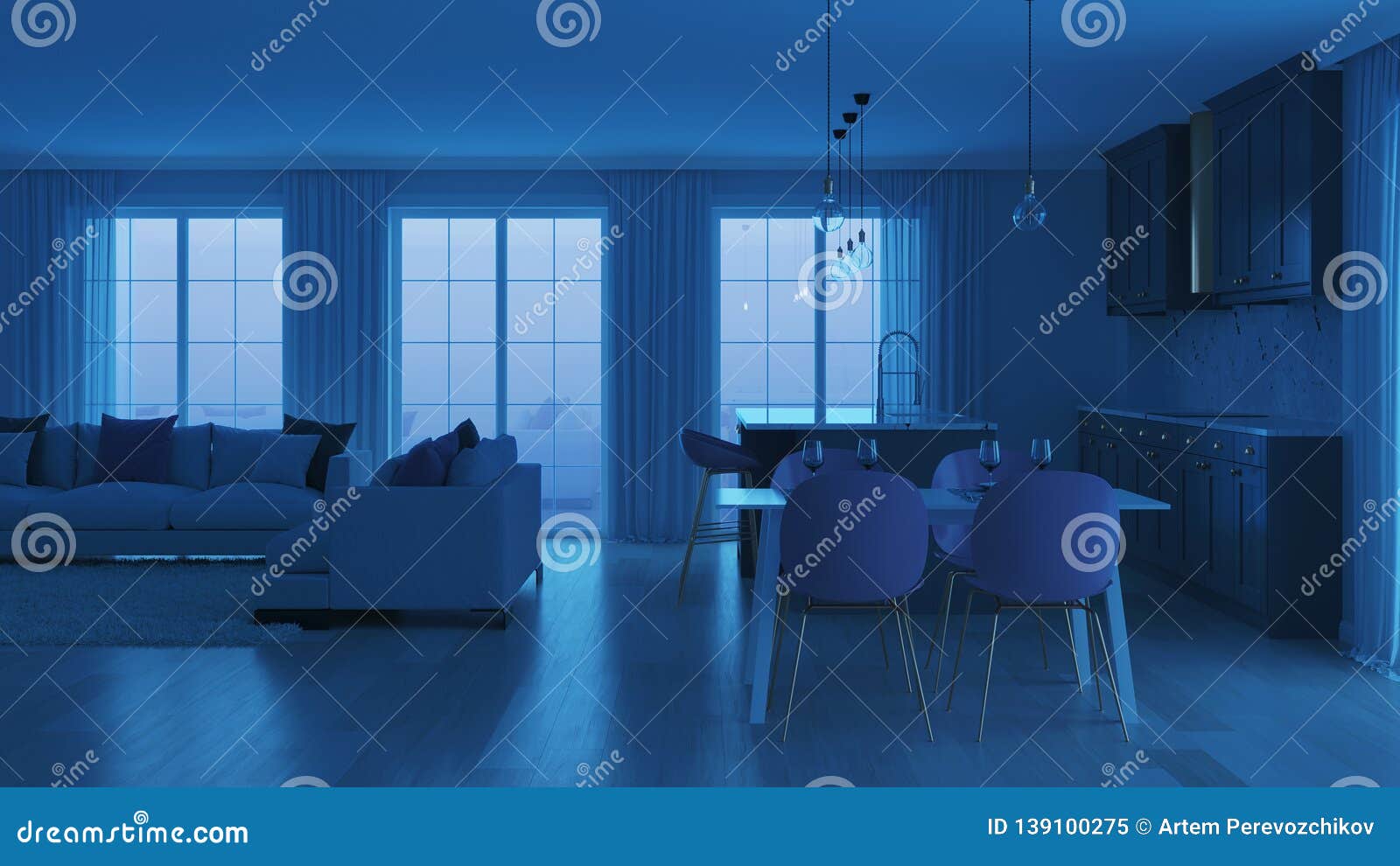 Modern Home Interior with Gray Kitchen. Night. Evening Lighting Stock ...