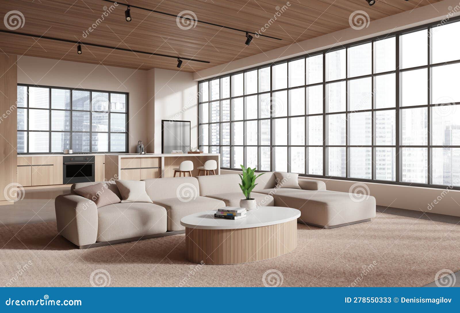 Modern Home Interior with Relax and Dining Corner, Panoramic Window ...