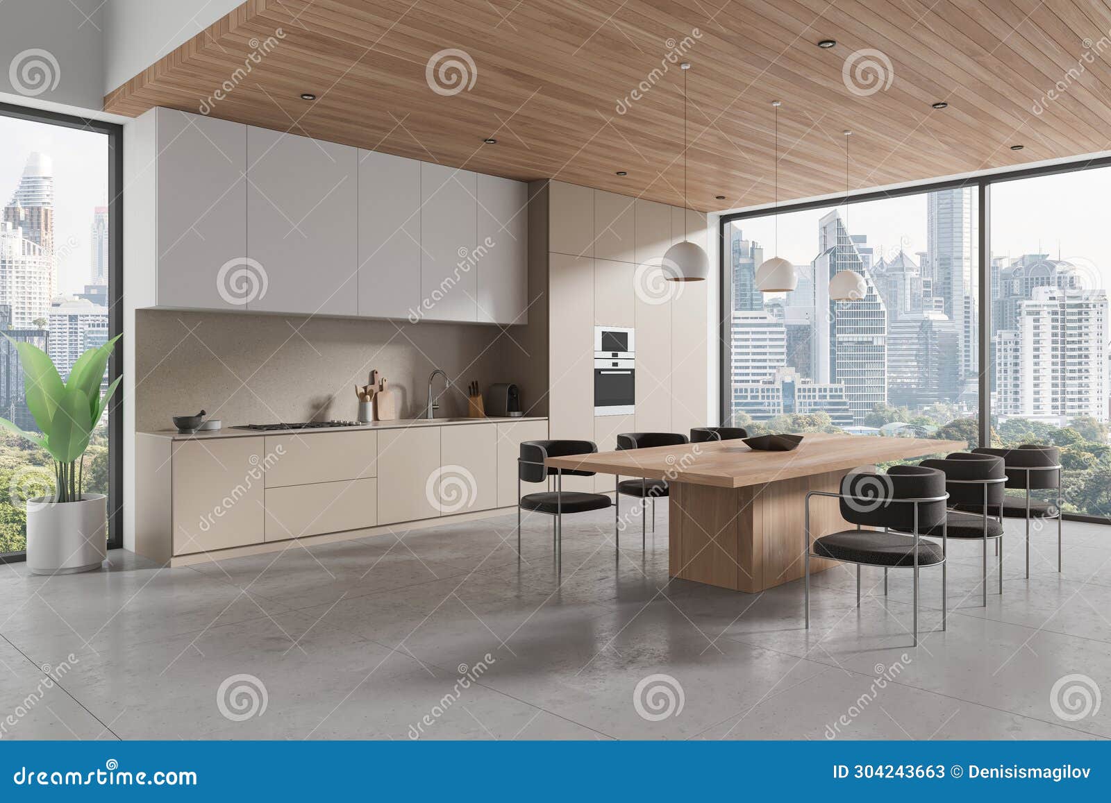 Modern Home Kitchen Interior with Cooking and Eating Zone, Panoramic ...