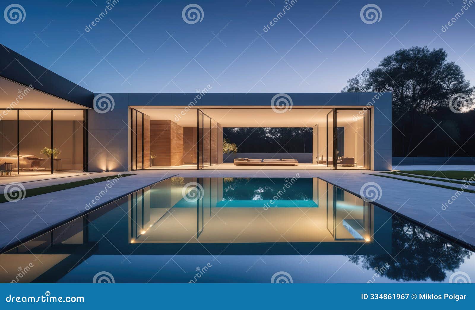 A Modern Home with a Large Pool at Dusk Stock Image - Image of ...