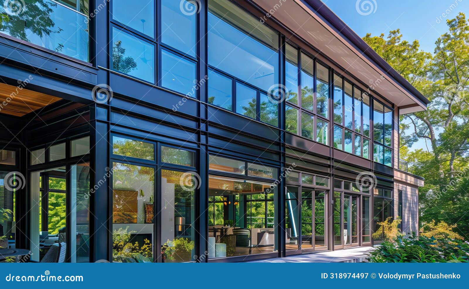 A Modern Home with Large Windows and Glass Doors Stock Image - Image of ...