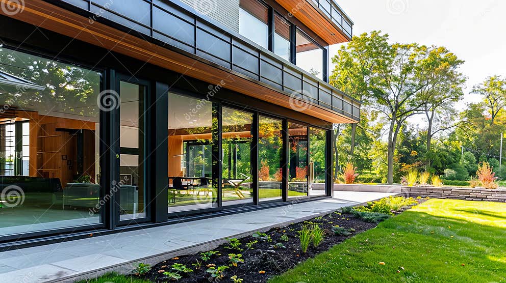 A Modern Home with Large Windows and Glass Doors Stock Photo - Image of ...