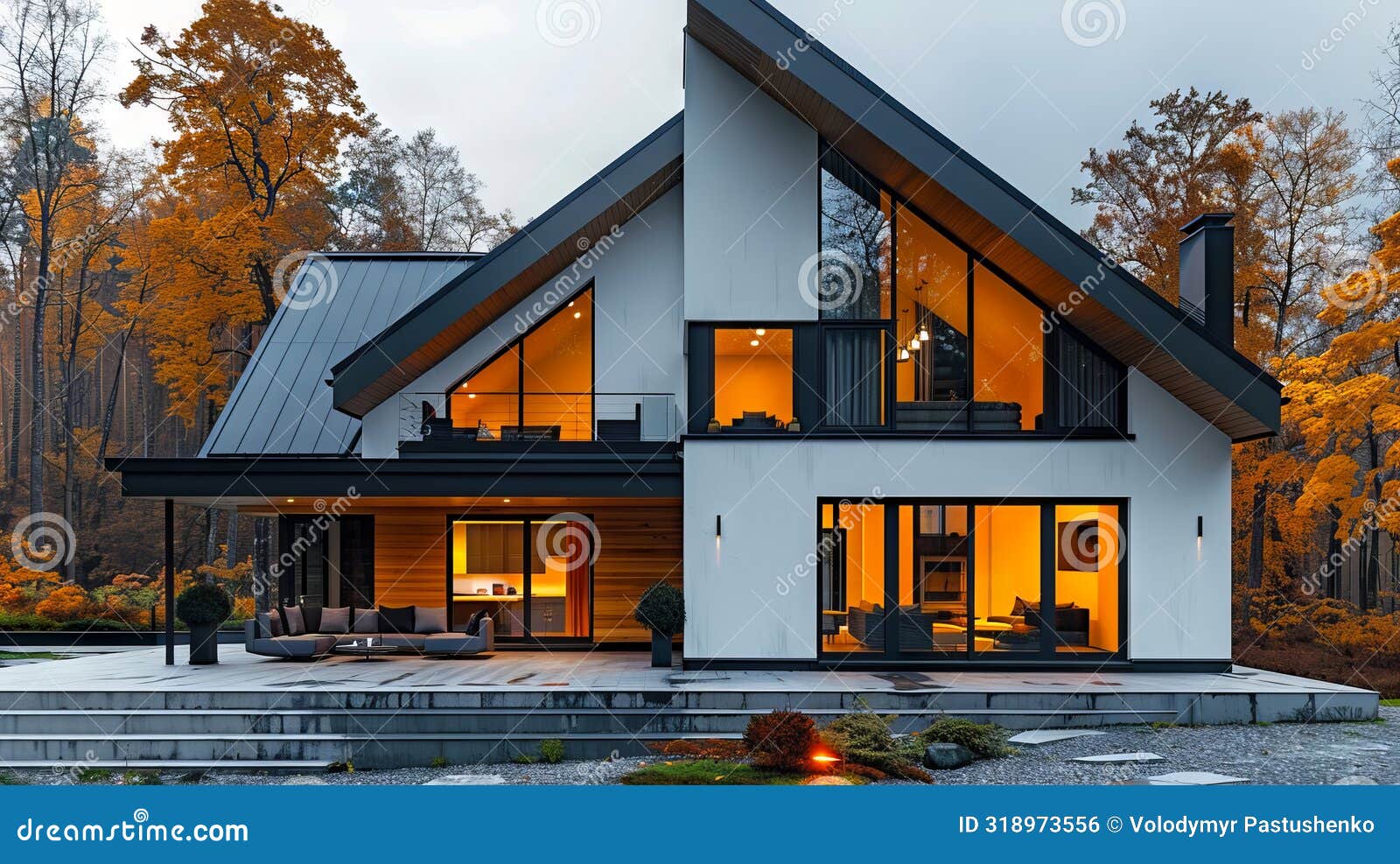 A Modern Home with Large Windows and a Roof Stock Photo - Image of ...