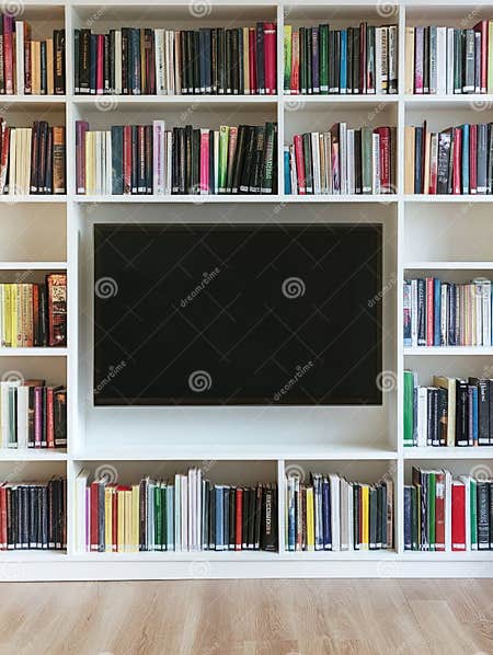 Modern Home Library Interior with Large Empty Frame on Bookshelf Wall ...
