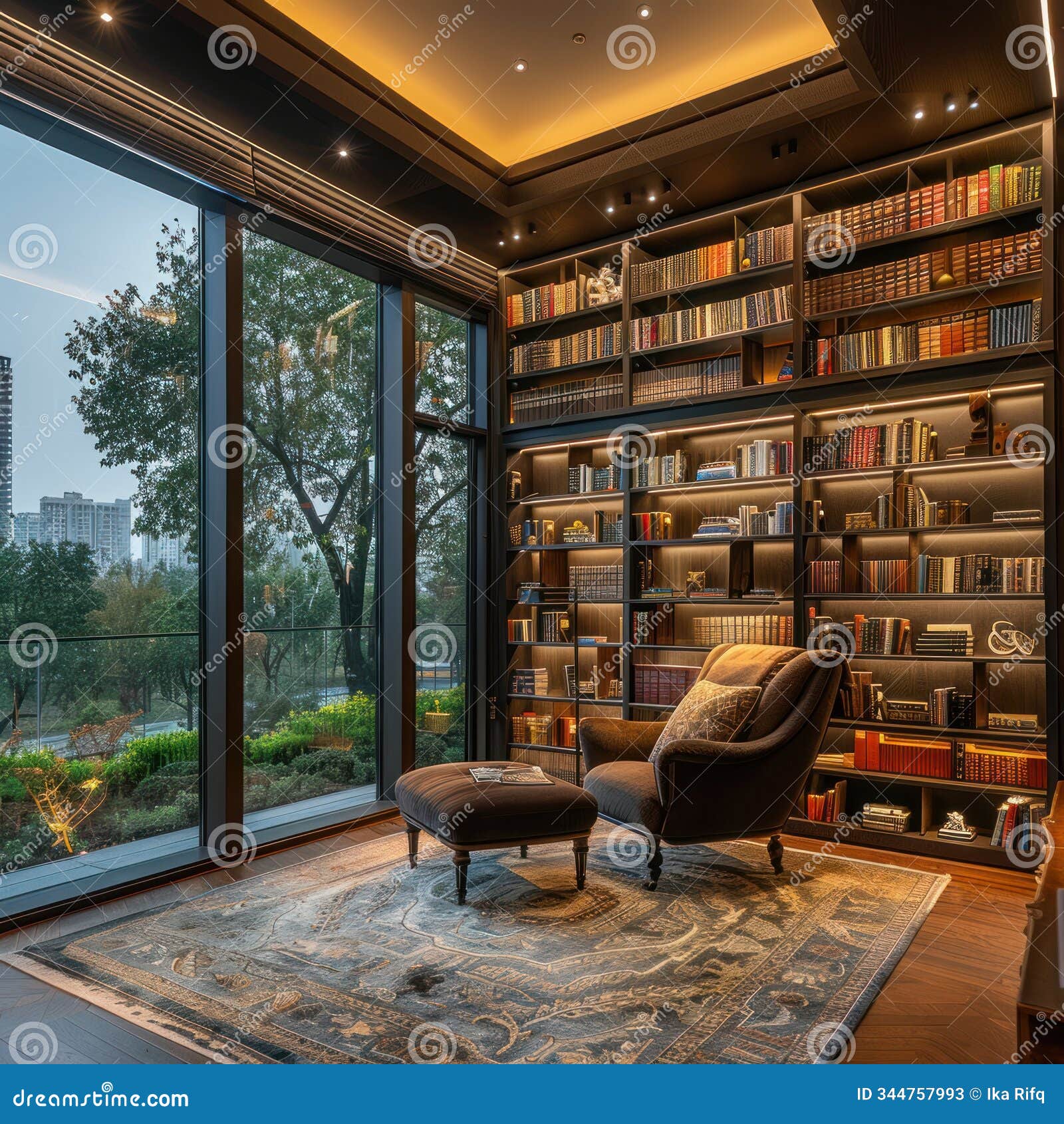 Modern Home Library with Large Window and Bookshelf - Interior Design ...