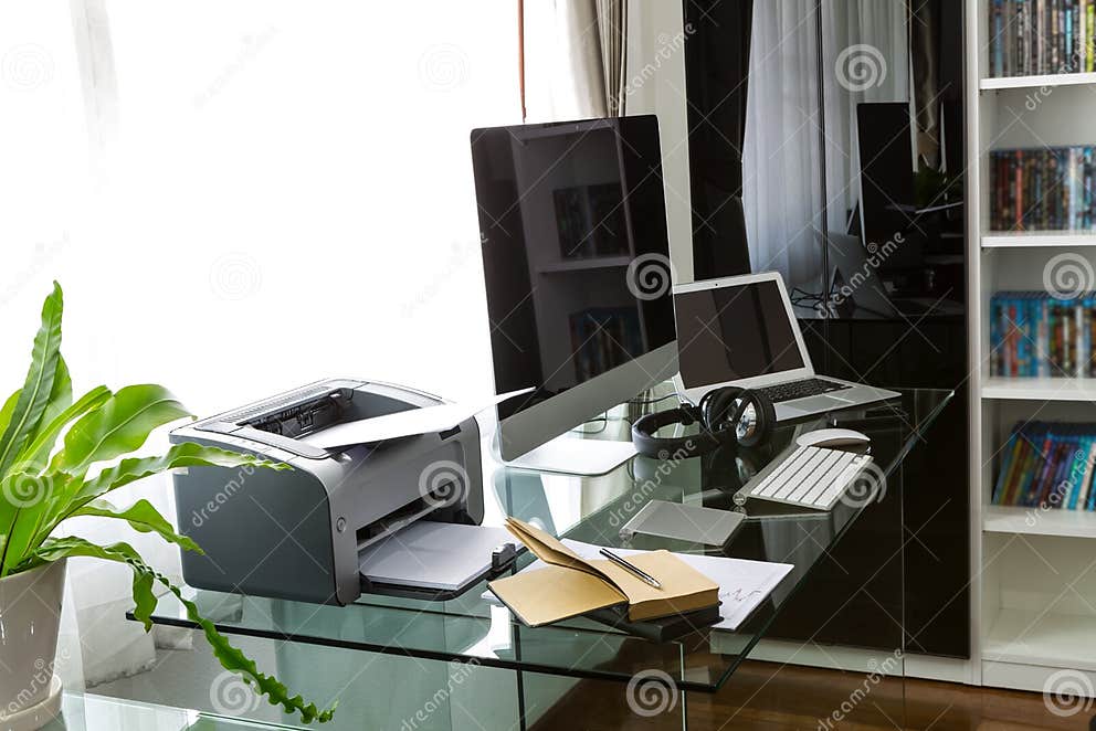 Modern Home Office with Computer Stock Photo - Image of interior, cool ...