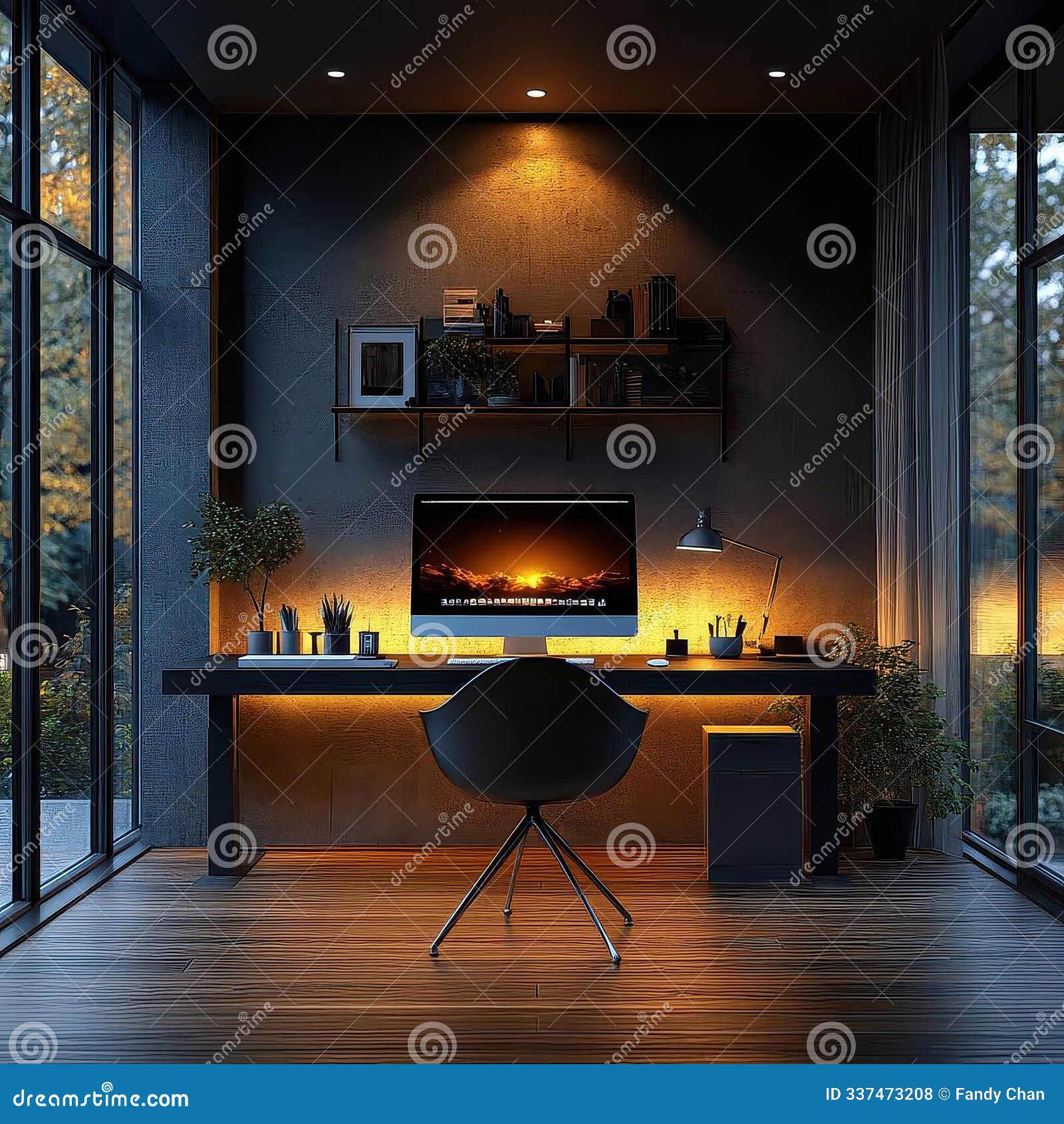 Modern Home Office Design Ideas with Warm Lighting, Minimalist Decor ...