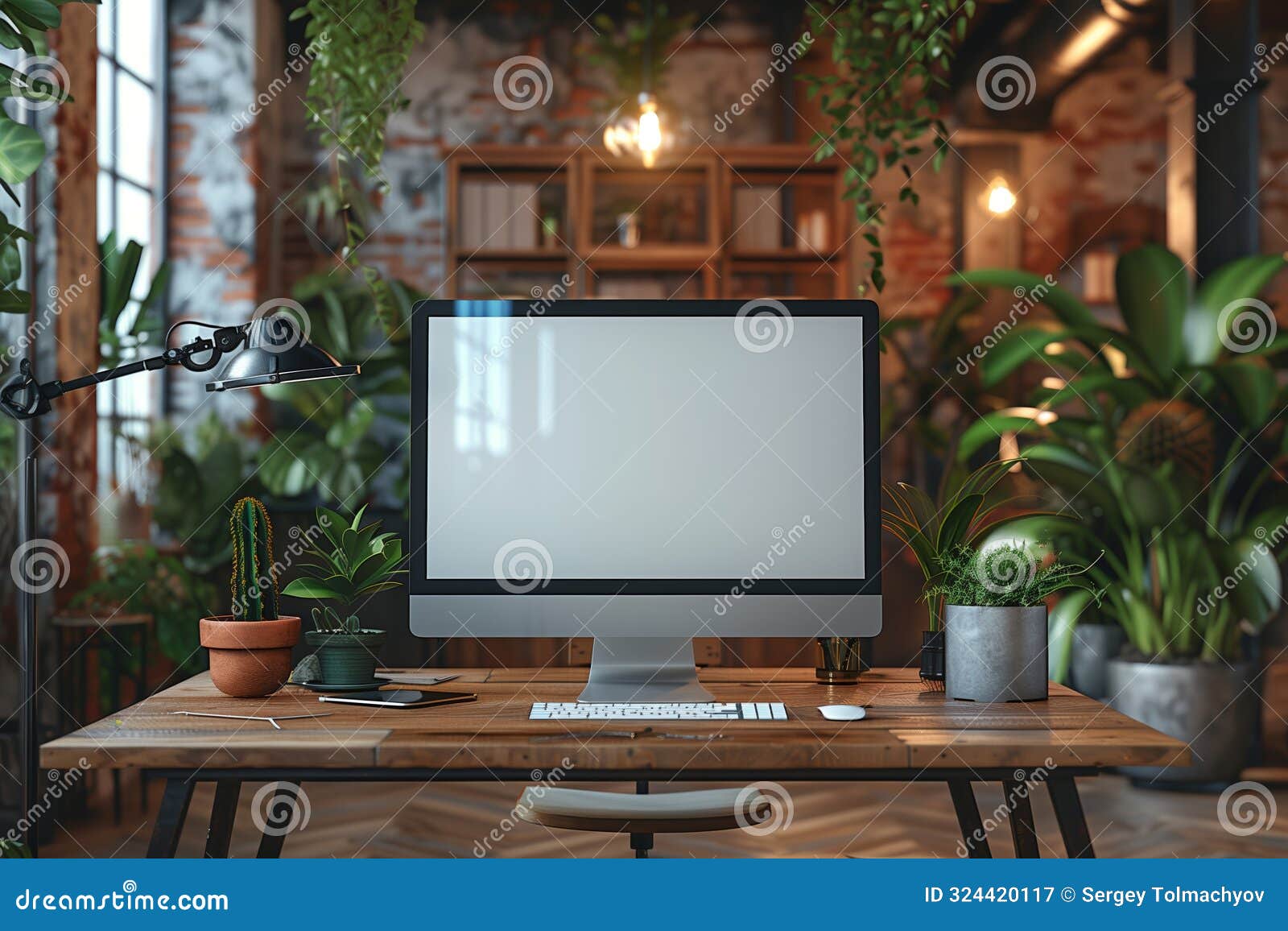 Modern Home Office Desk with Plants and Computer Stock Image - Image of ...