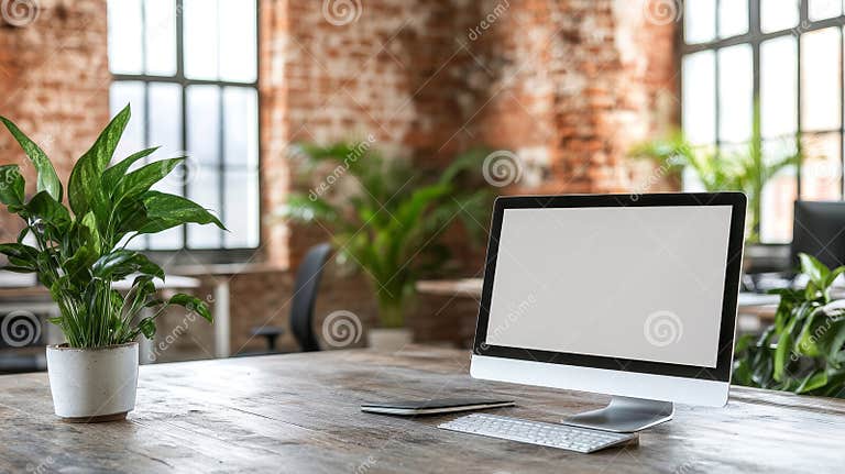 Modern Home Office. Desktop Computer Display in Focus with Plants ...
