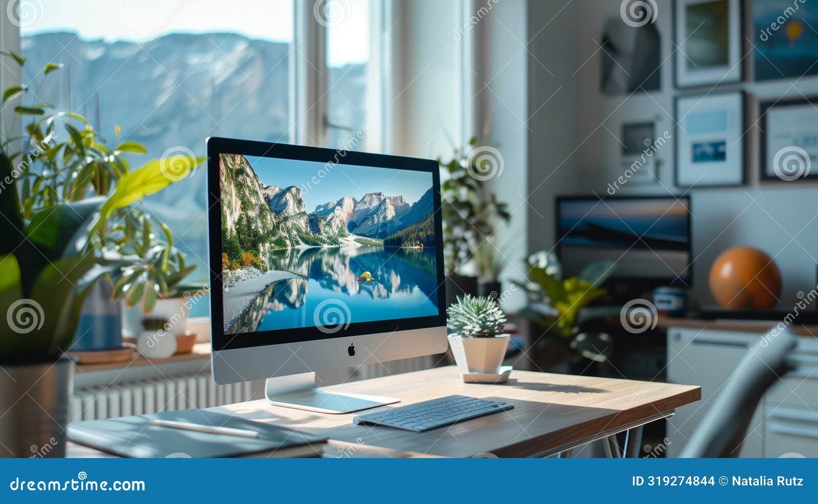 A Modern Home Office with a Desktop Computer Displaying a Stunning ...