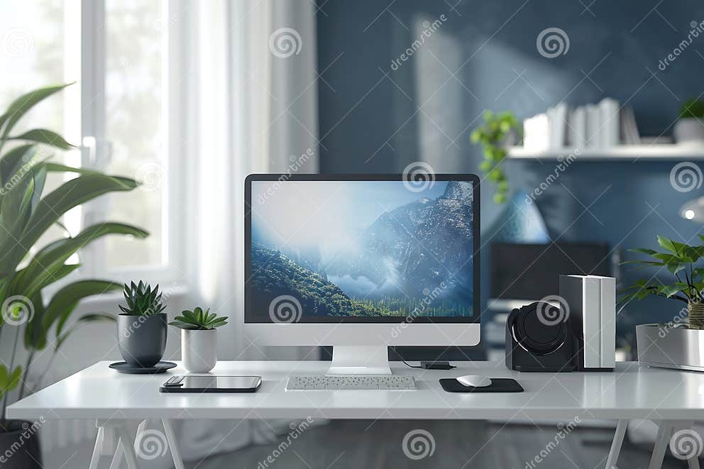 Modern Home Office with Desktop Computer and Green Plants by the Window ...