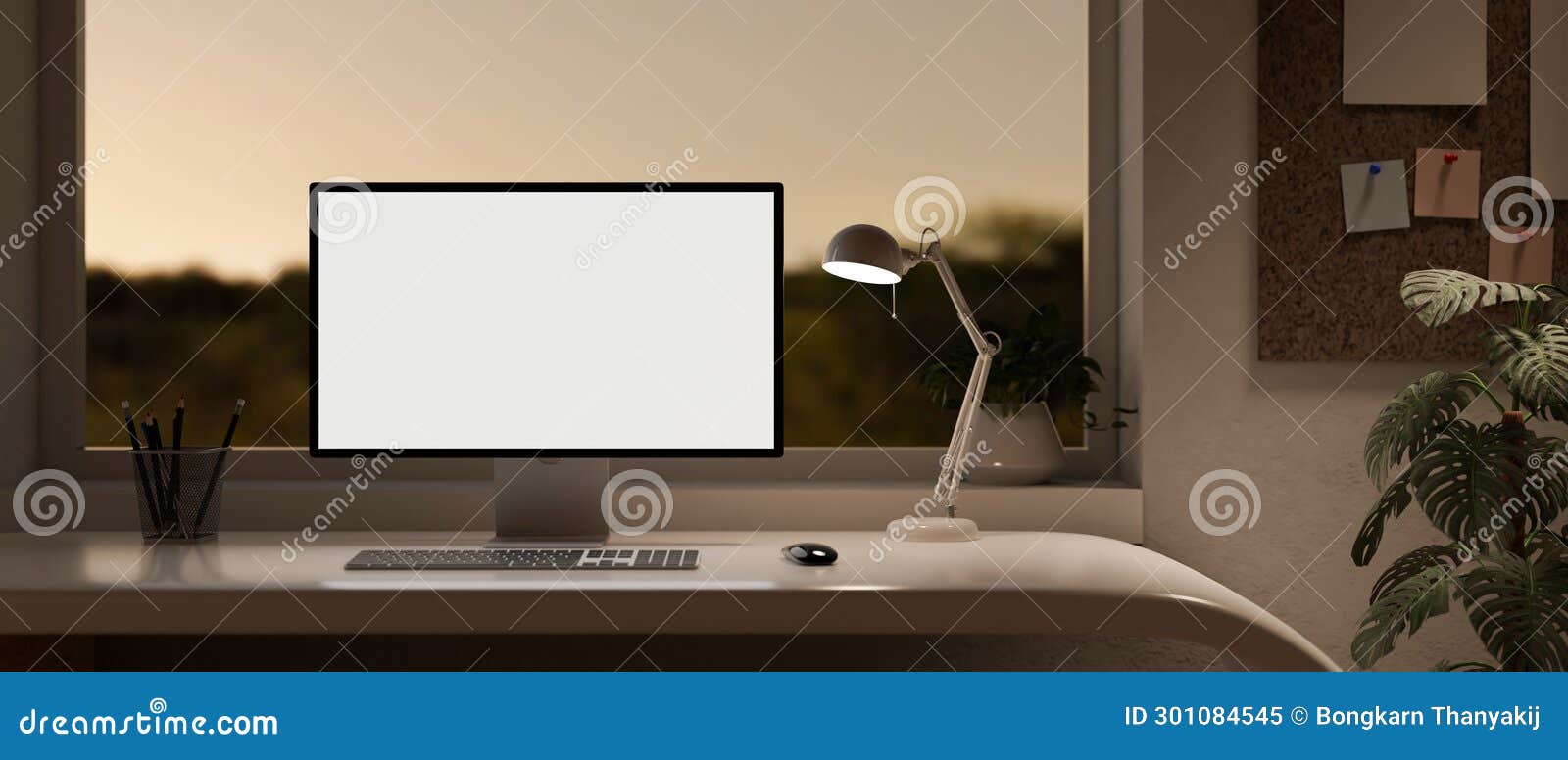 Modern Home Office in the Evening with a White-screen Computer on a ...
