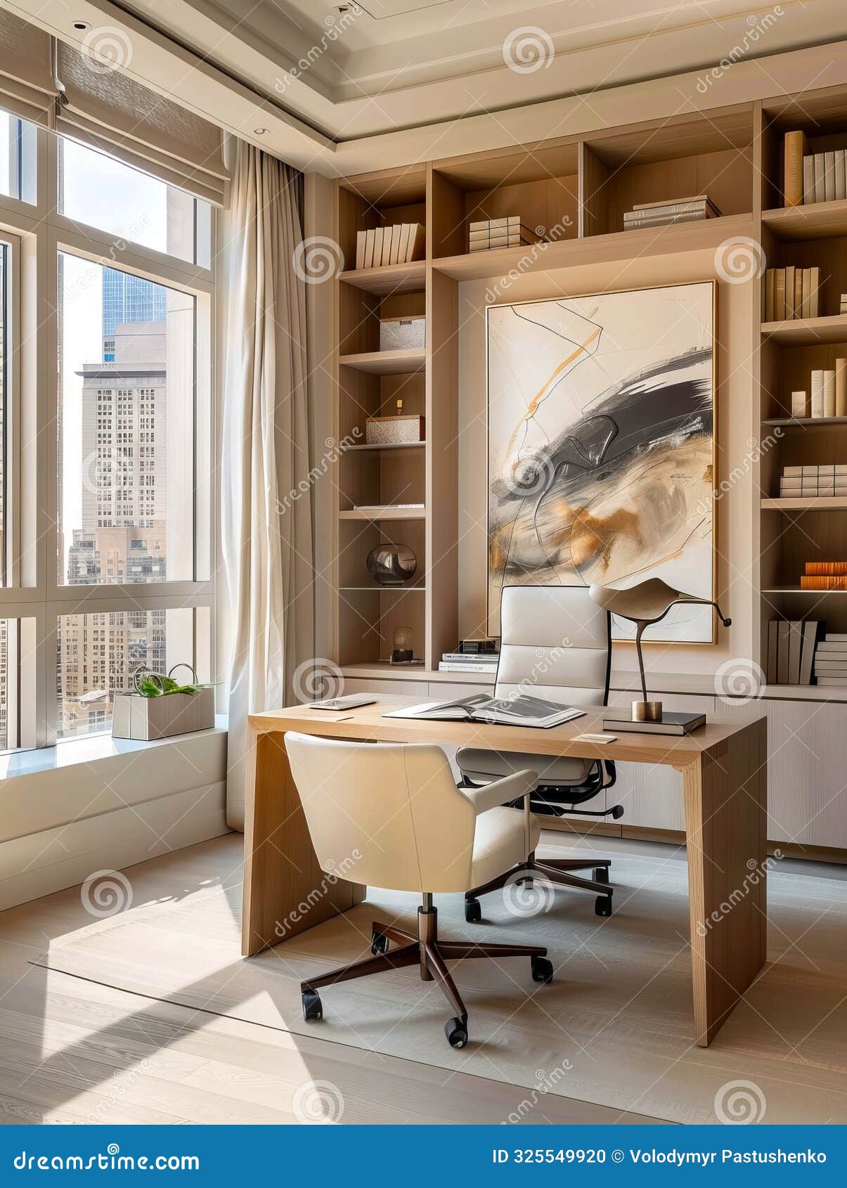 A Modern Home Office with a Large Window Stock Photo - Image of supply ...