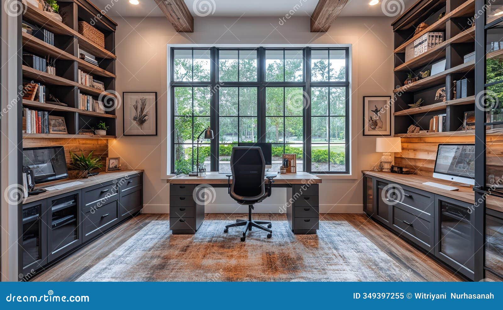 Modern Home Office with Large Windows, Built-in Bookshelves, and Two ...