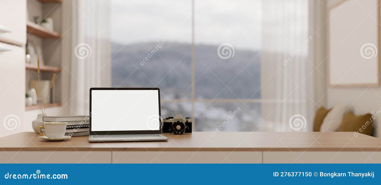Modern Home Office Room with Blank Screen Laptop Computer on the Table ...