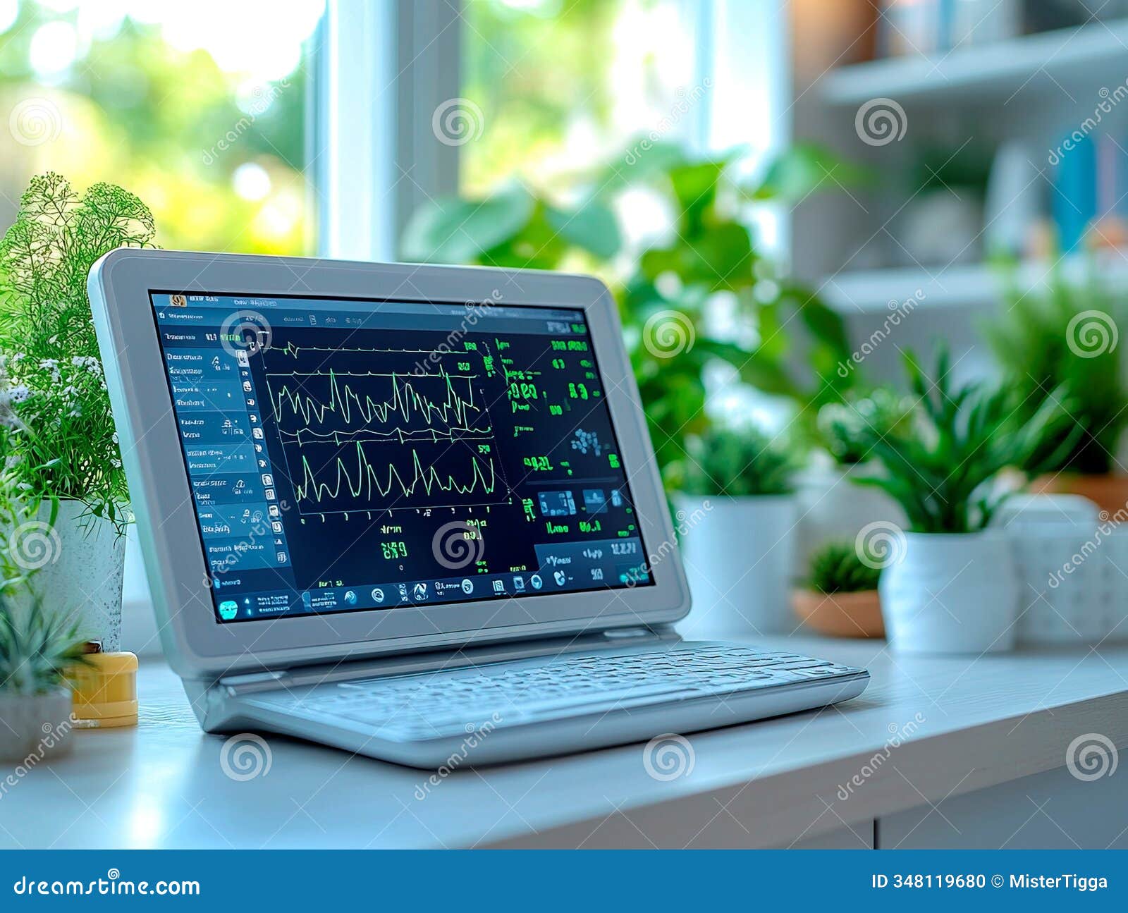 A Modern Home Office Setting with a Laptop Displaying an ECG Reading on ...