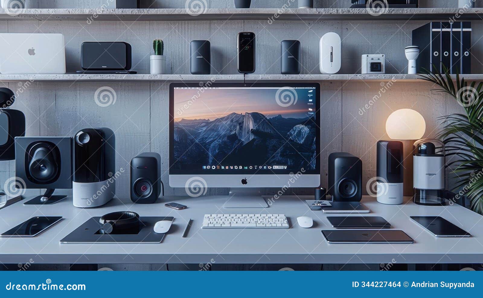 Modern Home Office Setup with Desk, Computer, Speakers, and Accessories ...