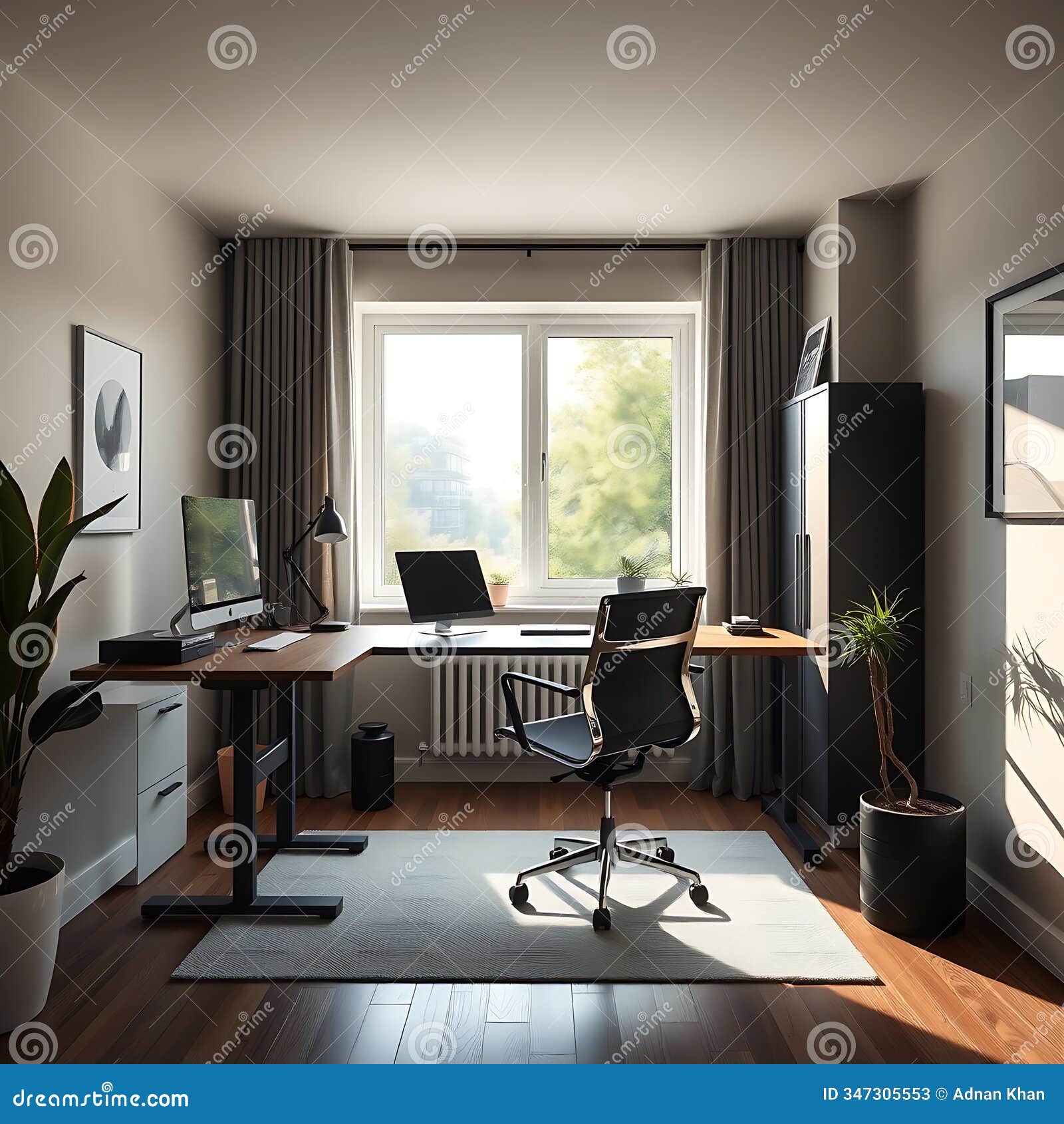 A Modern Home Office with a Sleek Adjustable Desk Natural Light ...
