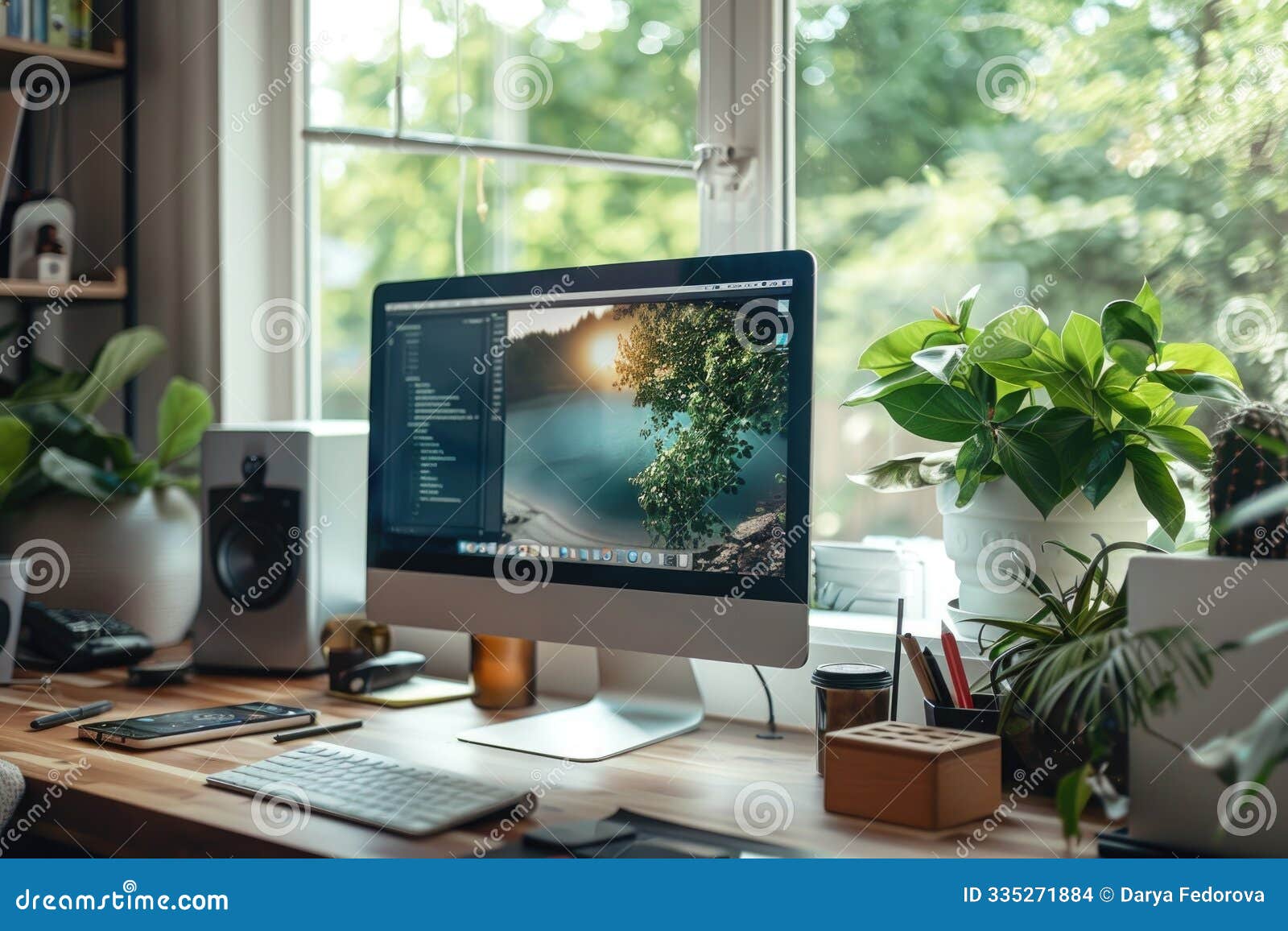 Modern Home Office Workspace with Desktop Computer and Nature-Themed ...
