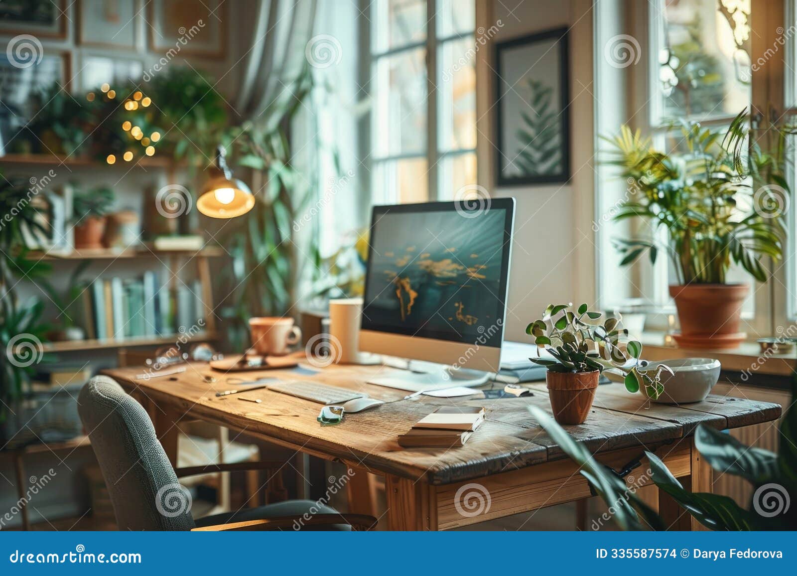 Modern Home Office Workspace with Desktop Computer and Nature-Themed ...