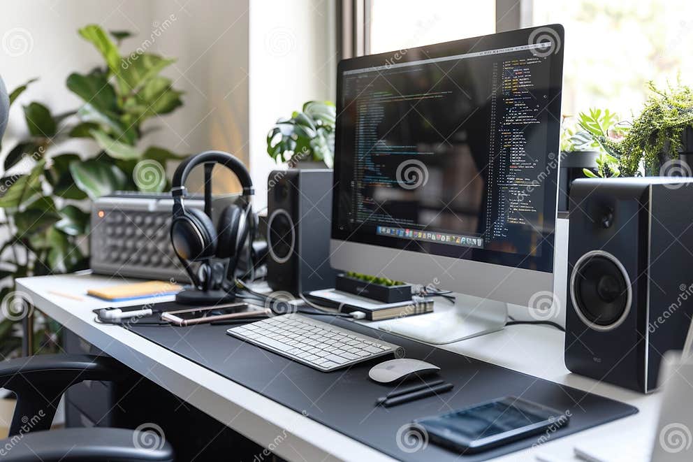 Modern Home Office Workspace with Desktop Computer and Nature-Themed ...