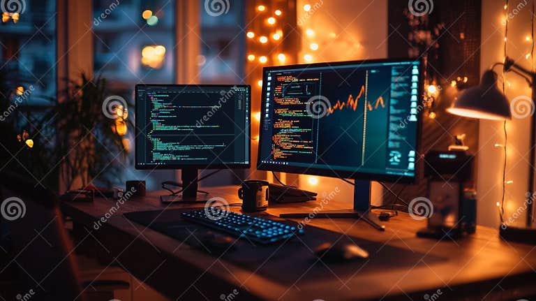Modern Home Office Workspace with Dual Monitors and Code Stock Photo ...